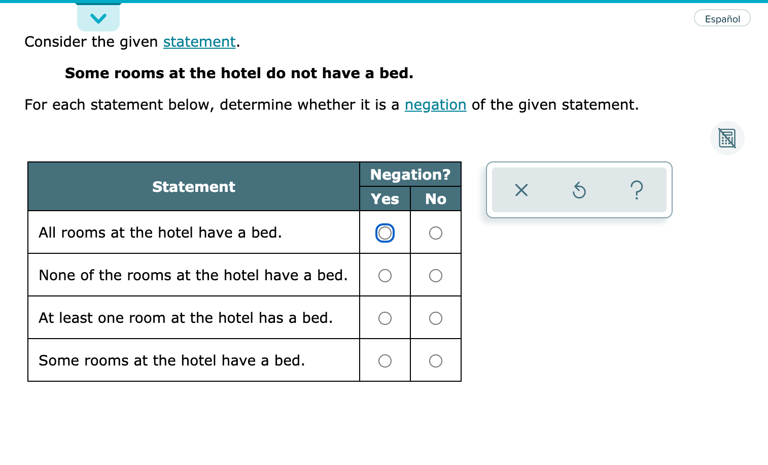 Solved Español Consider the given statement. Some rooms at | Chegg.com