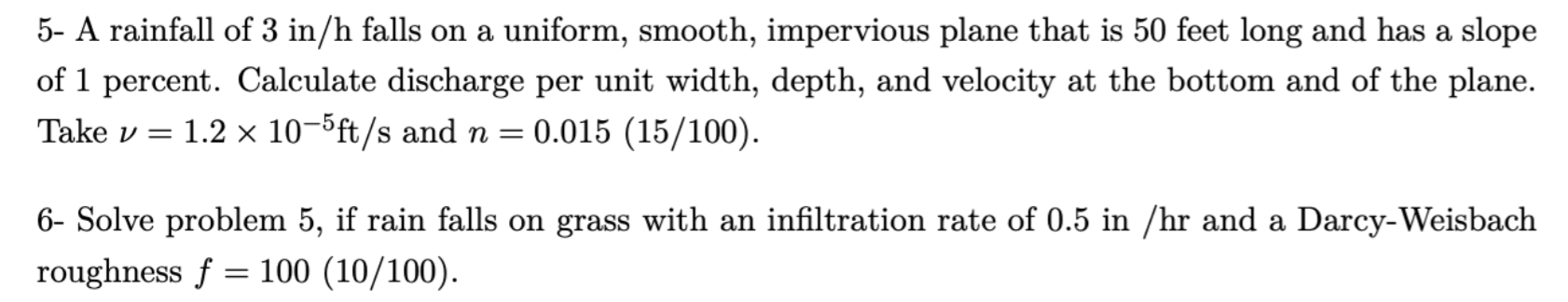 Solved 5- A rainfall of 3 in/h falls on a uniform, smooth, | Chegg.com