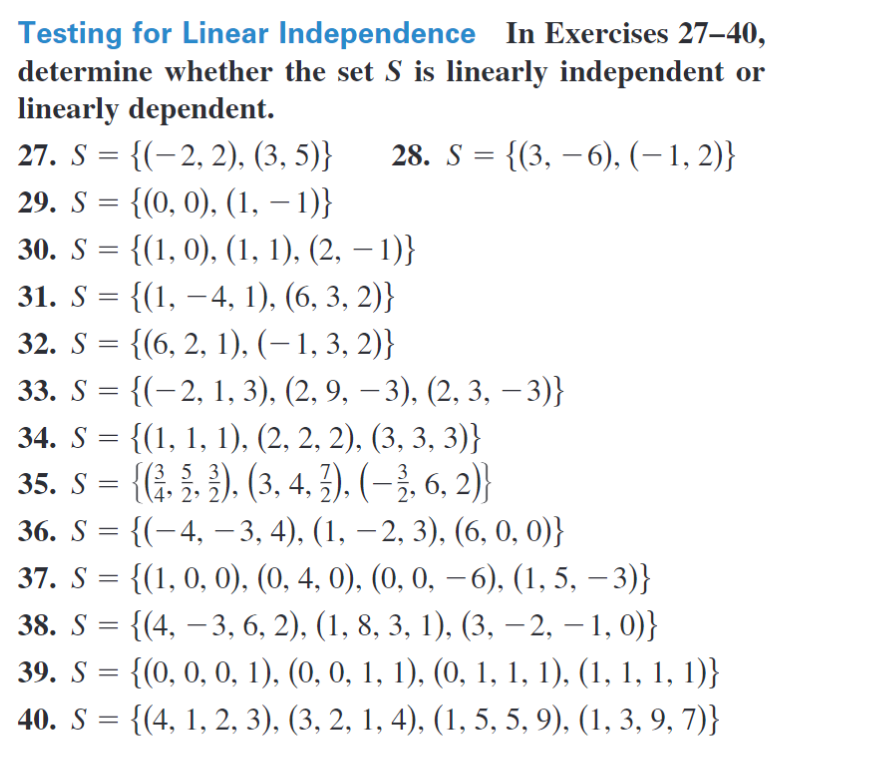 Solved = = = = Testing for Linear Independence In Exercises | Chegg.com