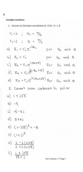 Solved Complex numbers: 1. Convert to Cartesian coordinates | Chegg.com