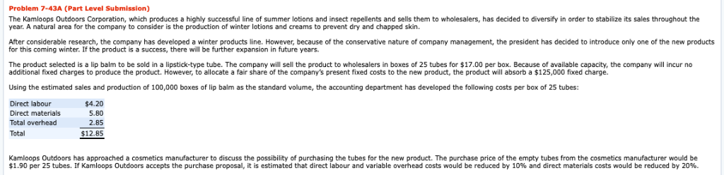 Solved Problem 7-43A (Part Level Submission) The Kamloops | Chegg.com