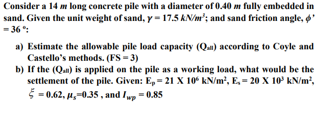 Solved Consider a 14 m long concrete pile with a diameter of | Chegg.com