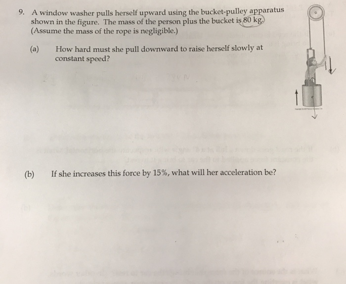 Solved A window washer pulls herself upward using the | Chegg.com