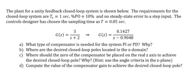 Solved The plant for a unity feedback closed-loop system is | Chegg.com