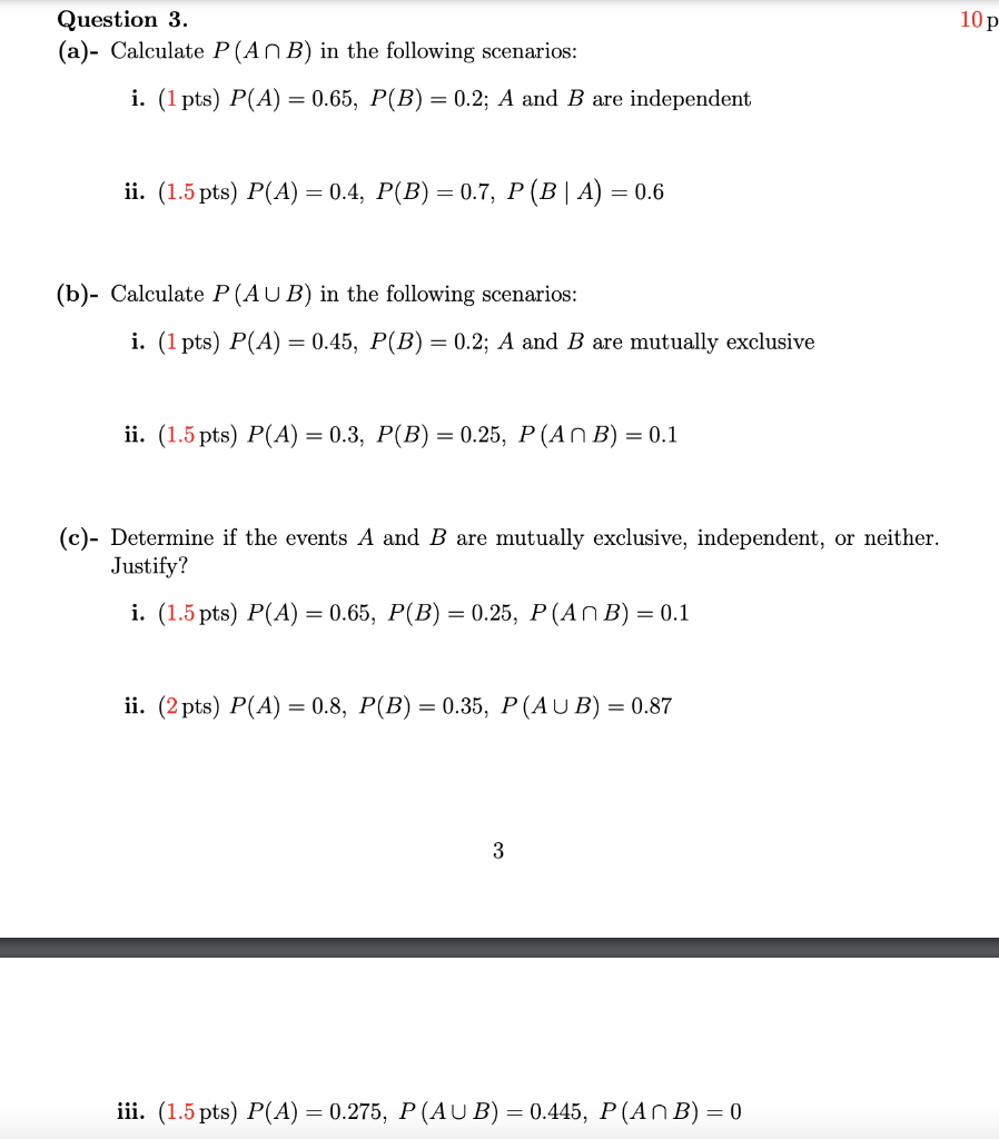 Solved 10p Question 3. (a)- Calculate P(An B) in the | Chegg.com
