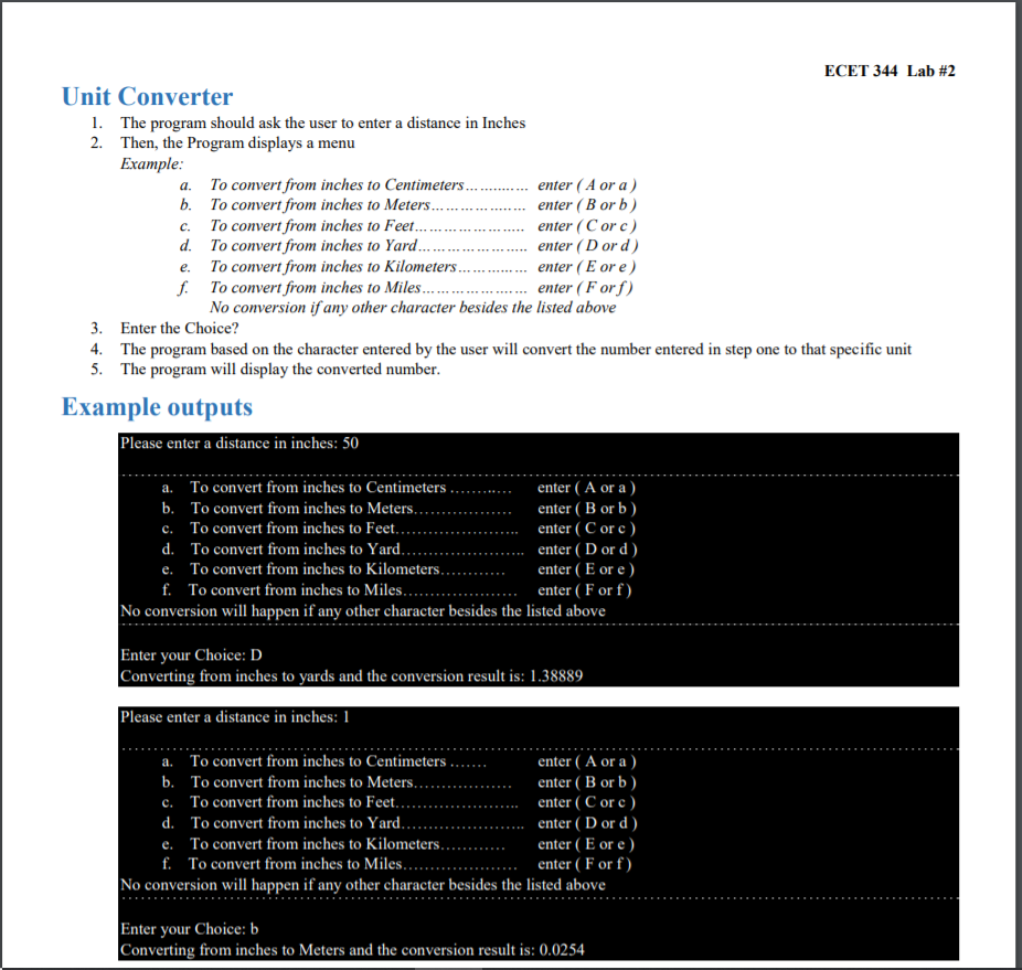 Solved ECET 344 Lab #2 Unit Converter 1. 2. The program | Chegg.com