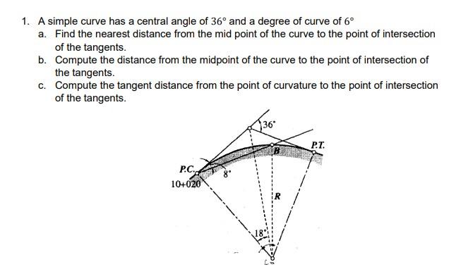 Solved 1. A simple curve has a central angle of 36° and a | Chegg.com