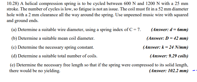 Solved 10.28) A helical compression spring is to be cycled | Chegg.com