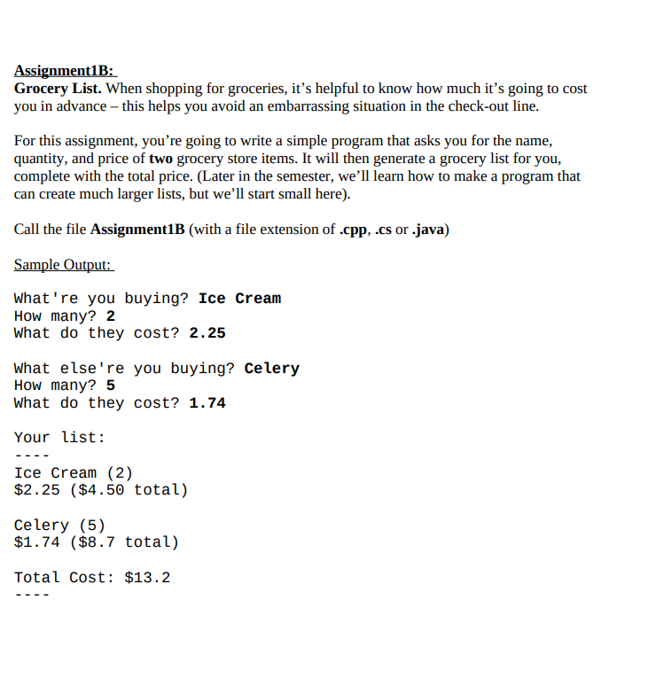 Solved Assignment1B: Grocery List. When shopping for | Chegg.com