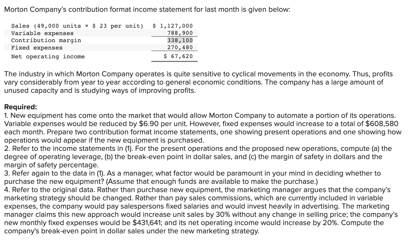 Solved Morton Company's contribution format income statement | Chegg.com
