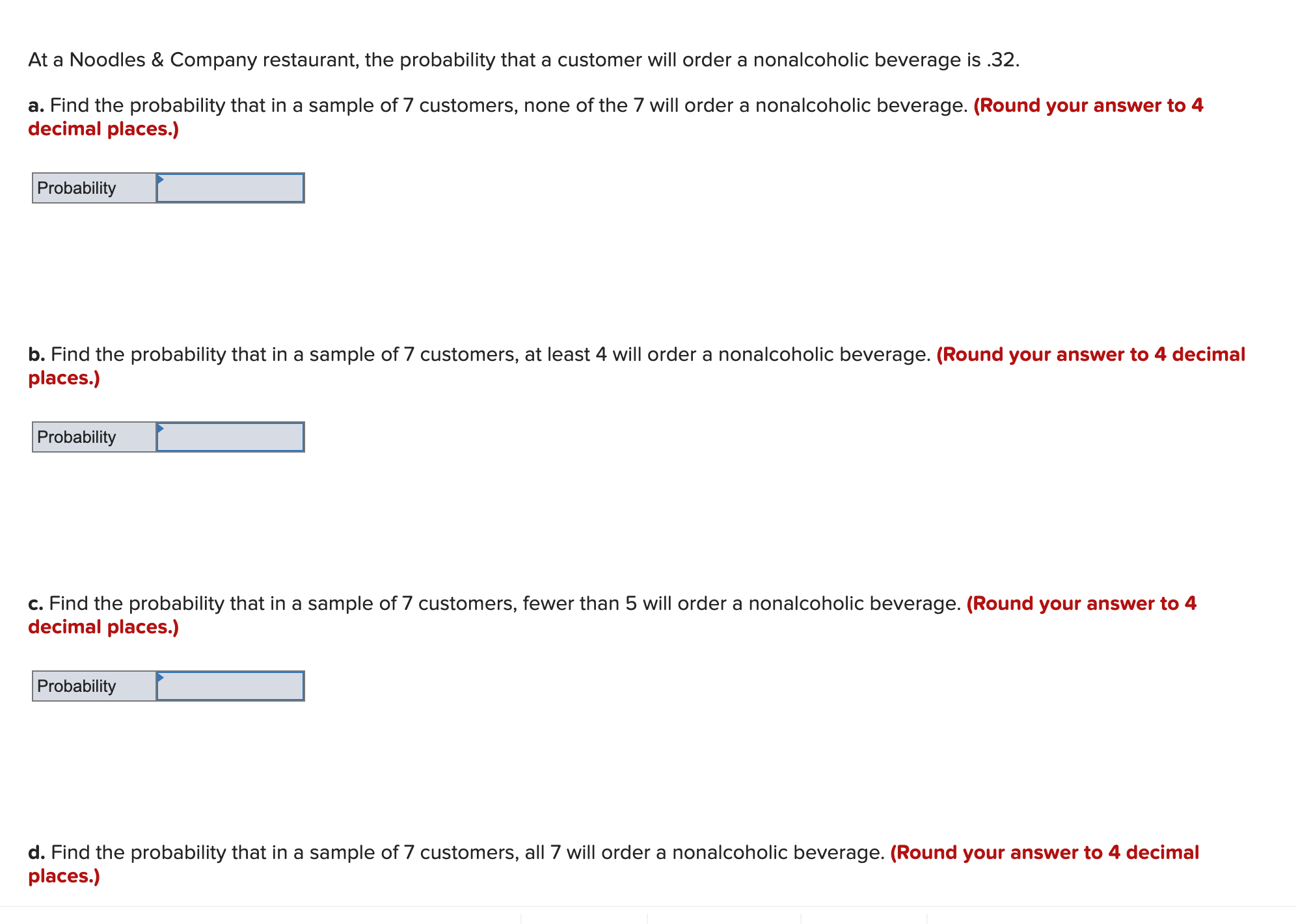Solved At a Noodles & Company restaurant, the probability | Chegg.com