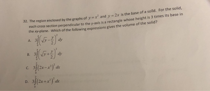 Solved 32. The region enclosed by the graphs of y ' and y 2x | Chegg.com