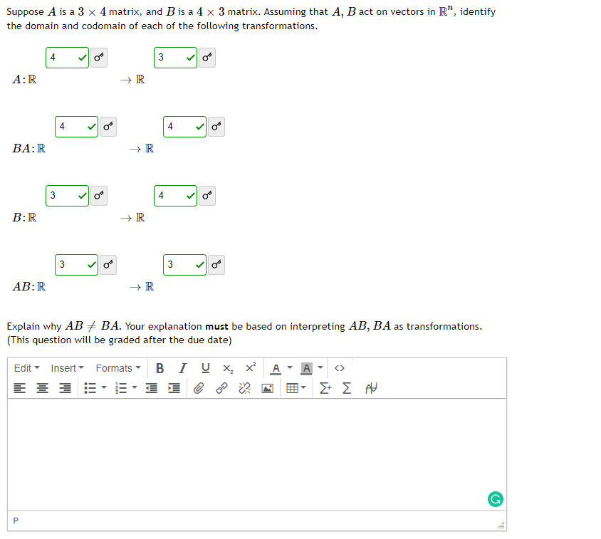 Solved Suppose A is a 3 x 4 matrix, and B is a 4 x 3 matrix. | Chegg.com