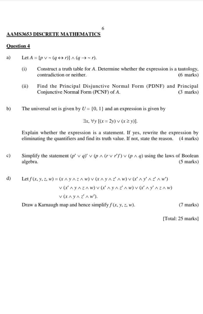 Solved 6 AAMS3653 DISCRETE MATHEMATICS Question 4 Let A = [p | Chegg.com