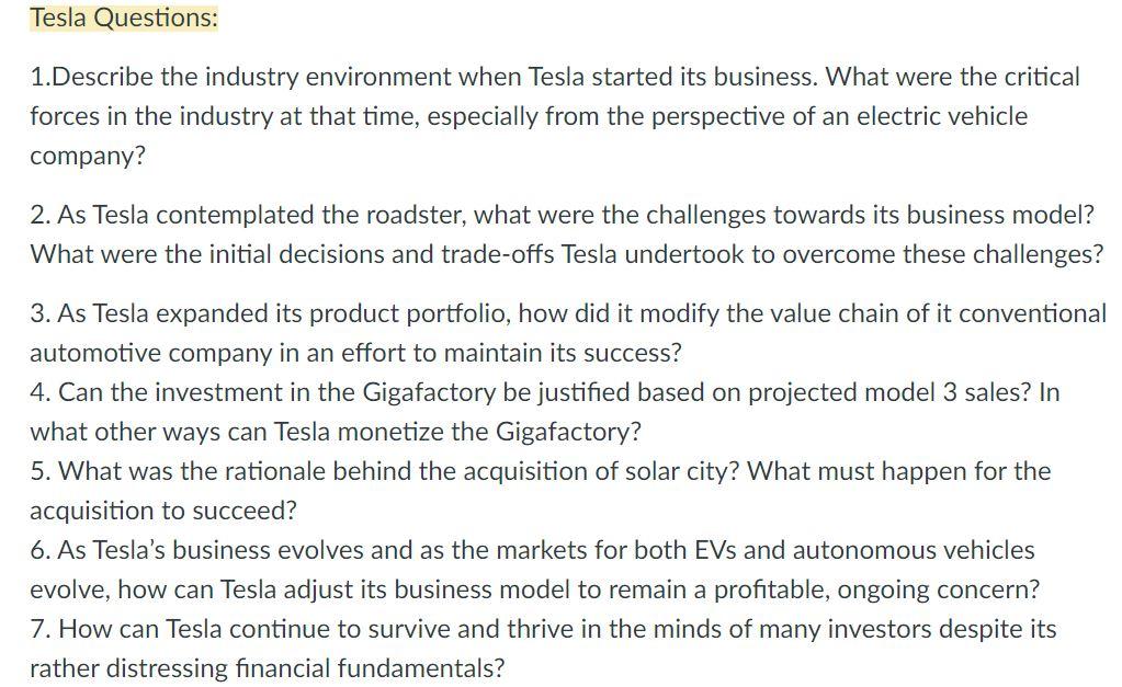 Solved Tesla Questions: 1.Describe the industry environment | Chegg.com
