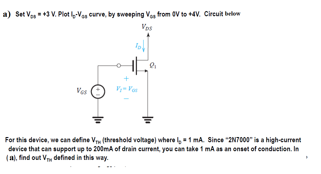 Solved a) Set VDS=+3V. Plot ID−VGS curve, by sweeping VGS | Chegg.com
