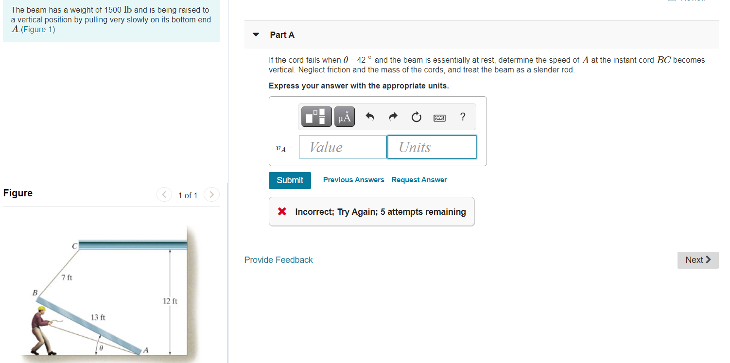 Solved The beam has a weight of 1500 lb and is being raised | Chegg.com