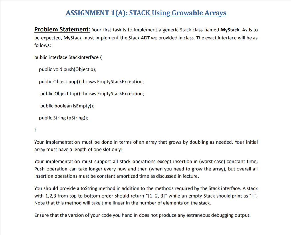 Solved Assignment 1a Stack Using Growable Arrays Problem 