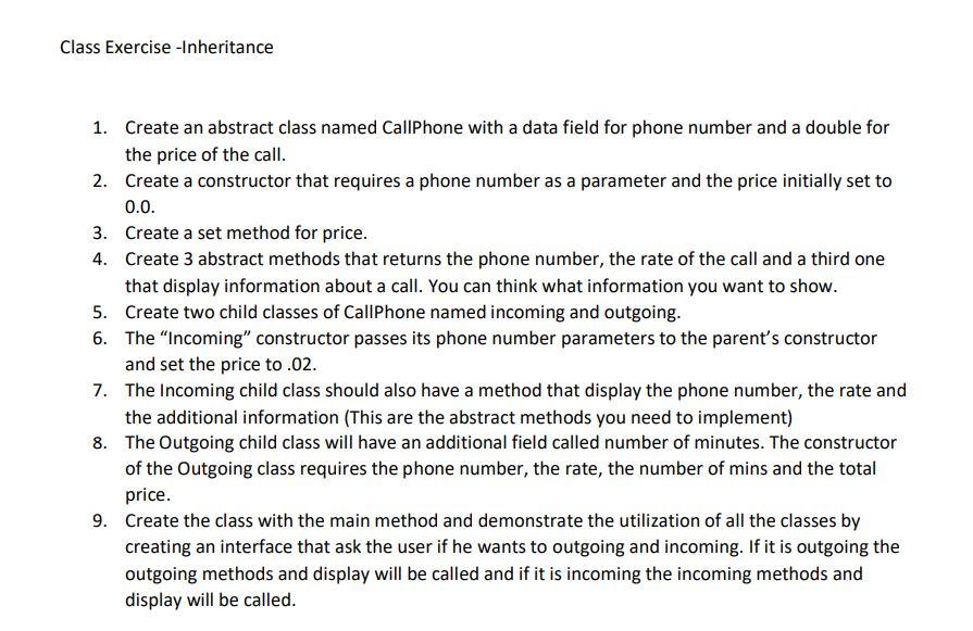 Solved Class Exercise -Inheritance 1. Create an abstract | Chegg.com