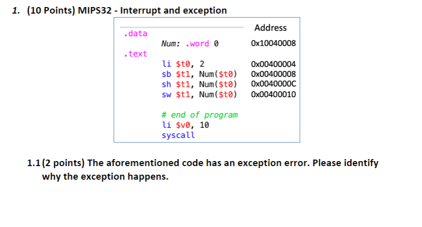 1. (10 Points) MIPS32 - Interrupt and exception 1.1 | Chegg.com