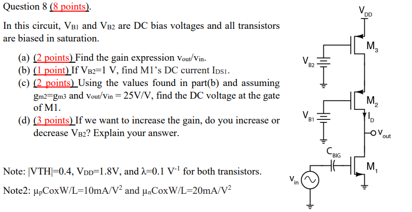 Solved Question 8 (8 points). In this circuit, Vbi and VB2 | Chegg.com