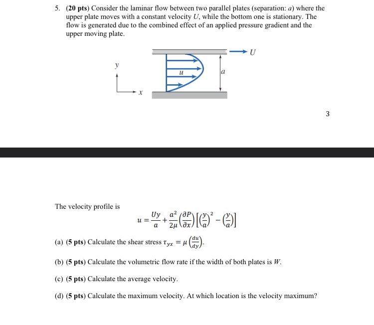 Solved 5. (20 pts) Consider the laminar flow between two | Chegg.com