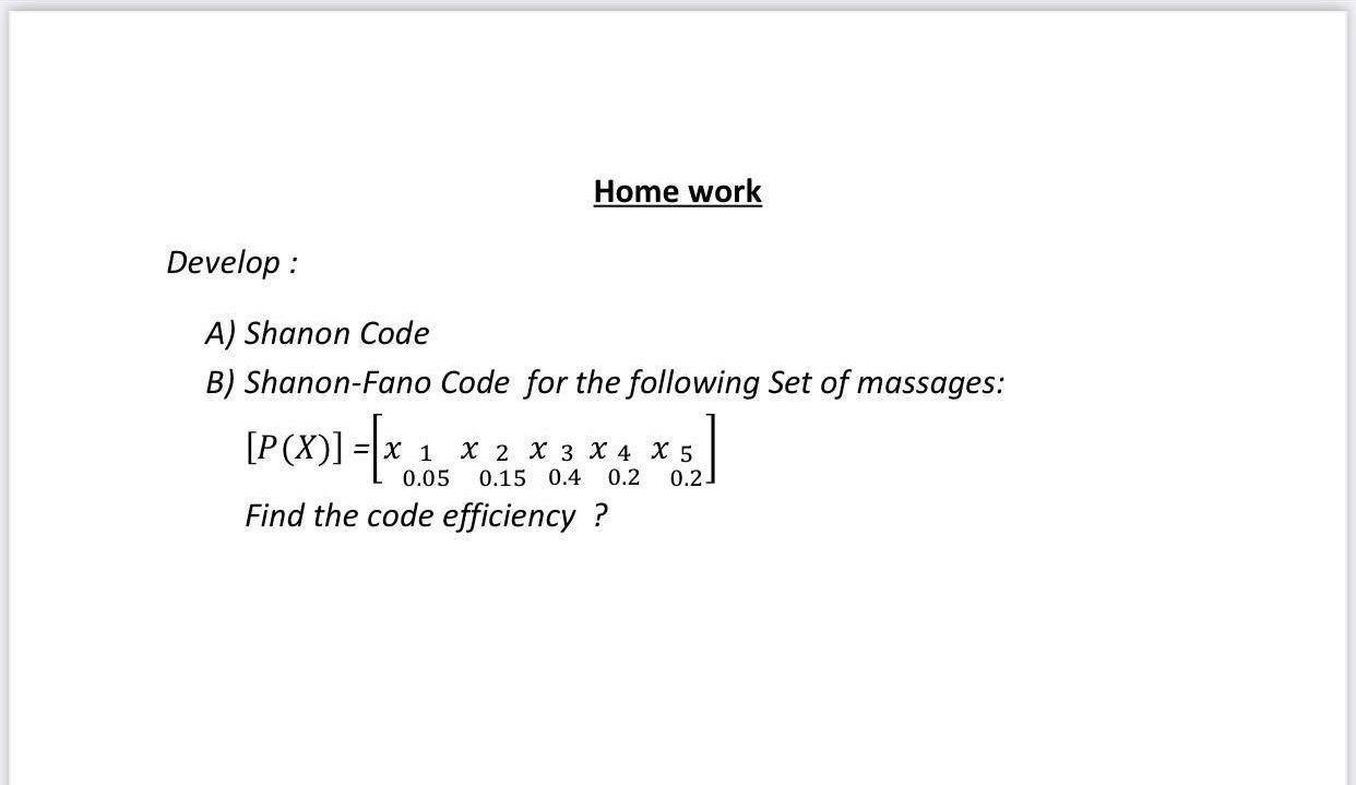 Solved Home work Develop : A) Shanon Code B) Shanon-Fano | Chegg.com Solved Home work Develop : A) Shanon Code B) Shanon-Fano | Chegg.com