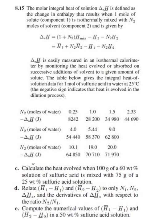 Solved 8.15 The molar integral heat of solution A H is | Chegg.com