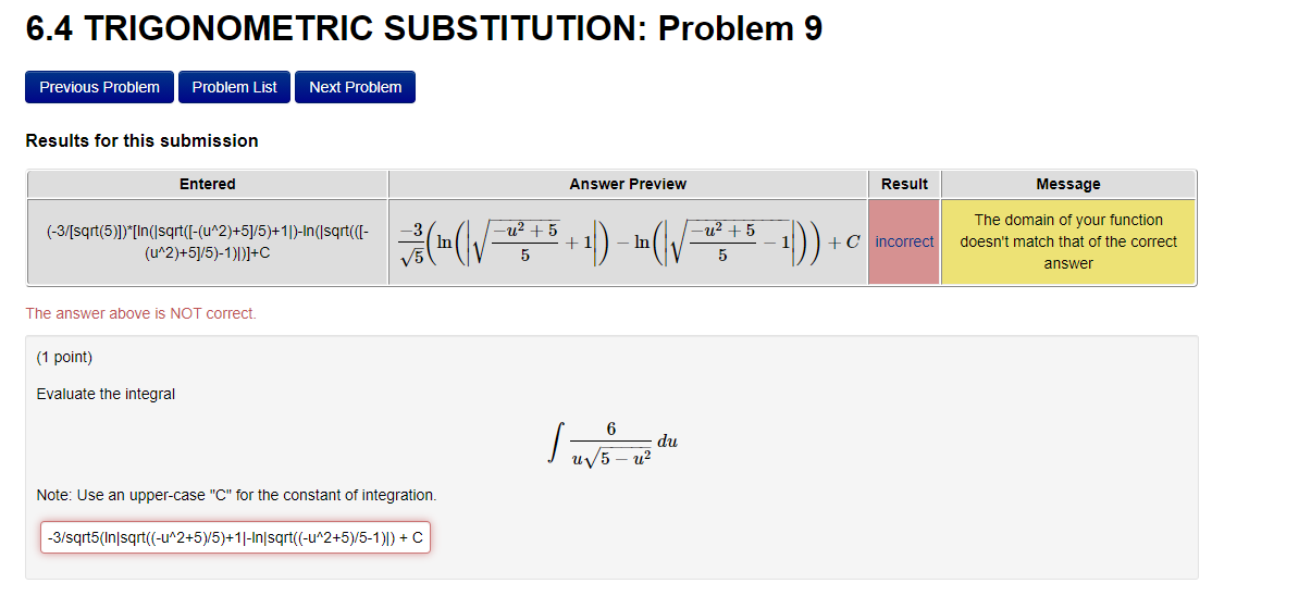 Solved 6.4 TRIGONOMETRIC SUBSTITUTION: Problem 9 Previous | Chegg.com