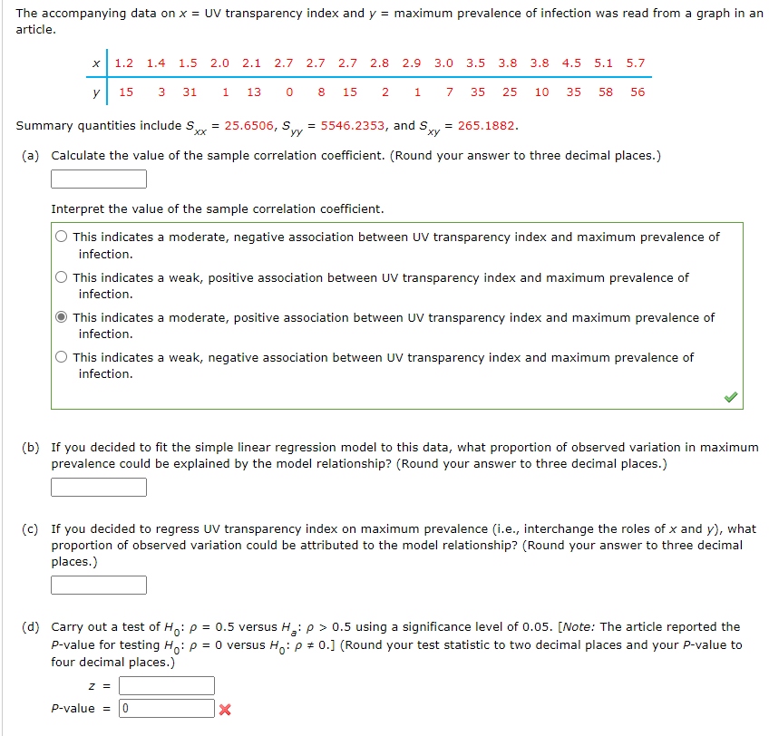 Solved The accompanying data on x= UV transparency index and | Chegg.com