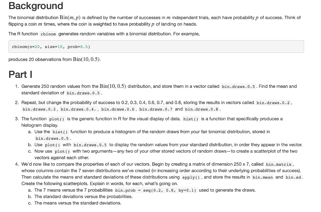 Solved Background The binomial distribution Bin(m,p) is | Chegg.com