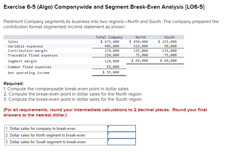 Solved Exercise 6-5 (Algo) Companywide and Segment | Chegg.com