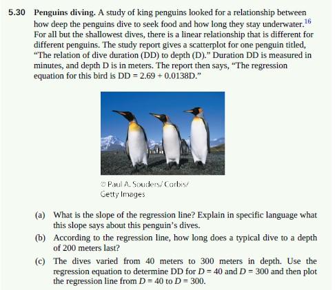 Solved 5.30 Penguins diving. A study of king penguins looked | Chegg.com