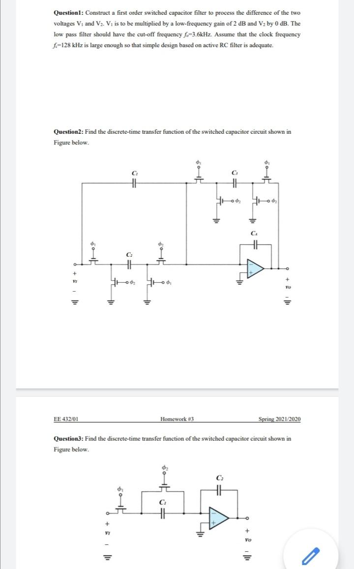 Questionl: Construct a first order switched capacitor | Chegg.com