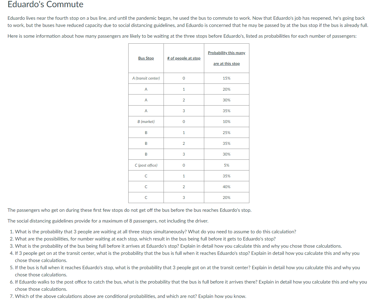 Solved Eduardo lives near the fourth stop on a bus line, and | Chegg.com