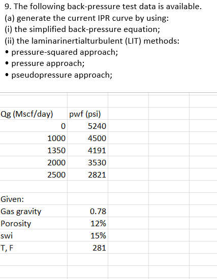 Solved 9. The following back-pressure test data is | Chegg.com