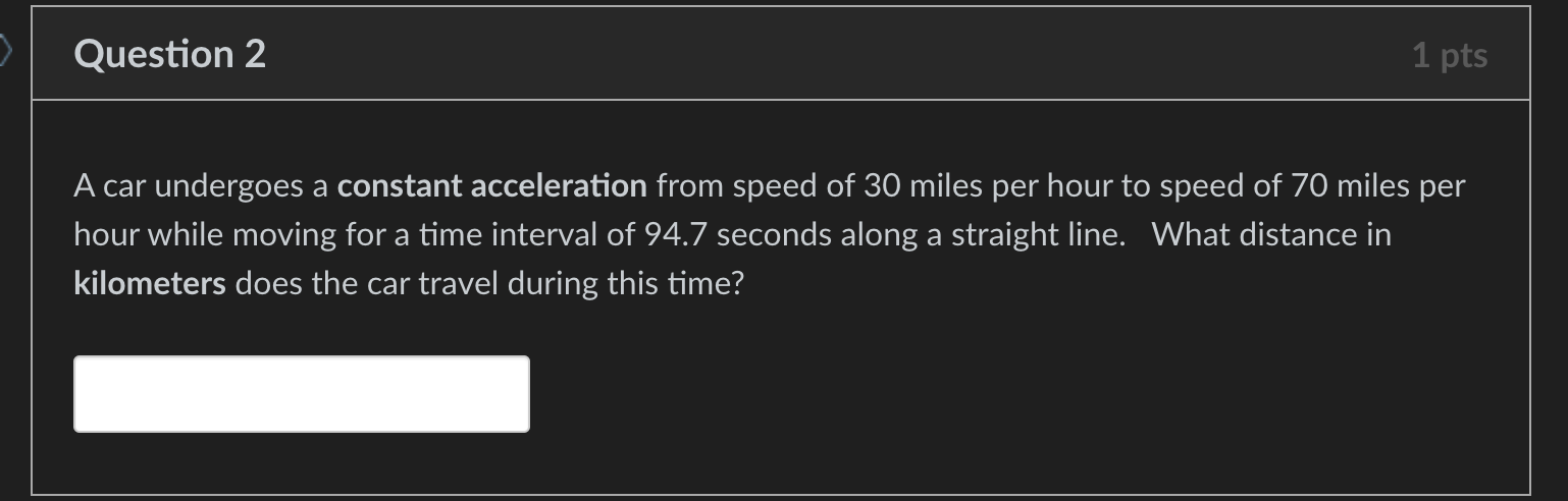 Solved A car undergoes a constant acceleration from speed of | Chegg.com