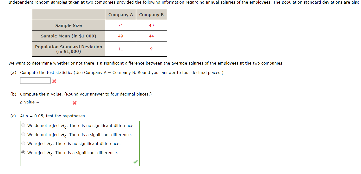 Solved Independent random samples taken at two companies | Chegg.com