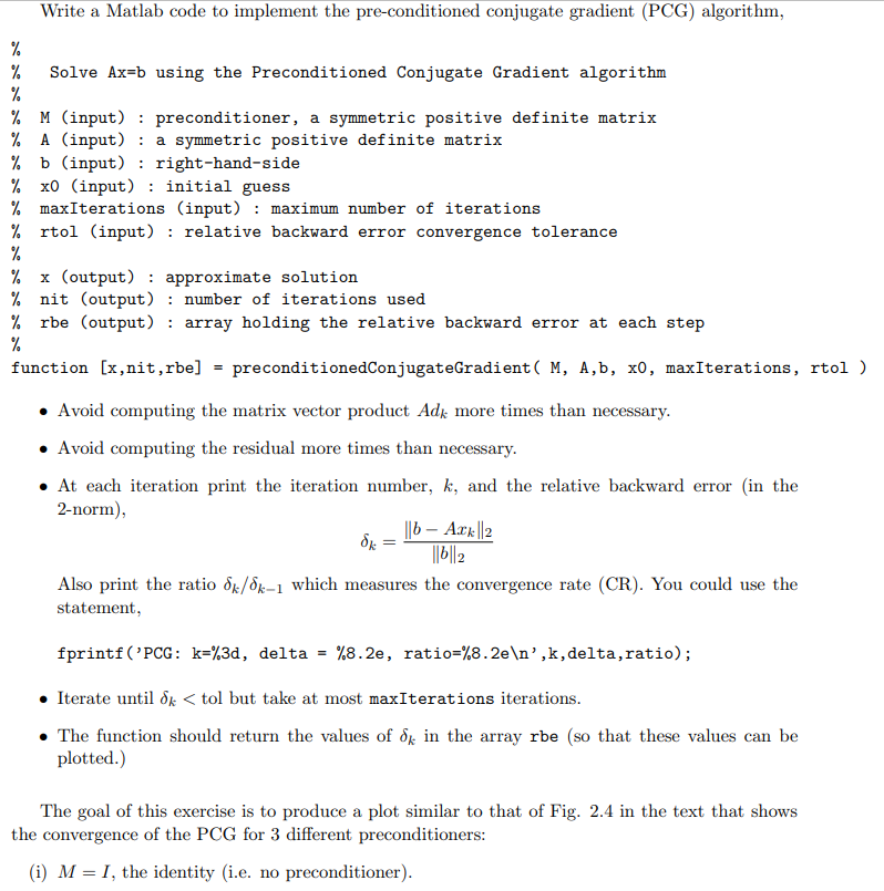 Write A Matlab Code To Implement The Pre Conditioned 7466