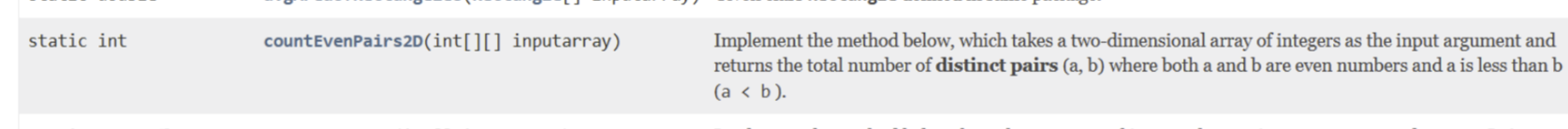 Solved static int countEvenPairs2D(int[][] ﻿inputarray) | Chegg.com