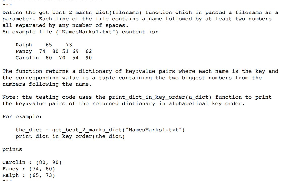 Solved Define the get_best_2_marks_dict(filename) function | Chegg.com