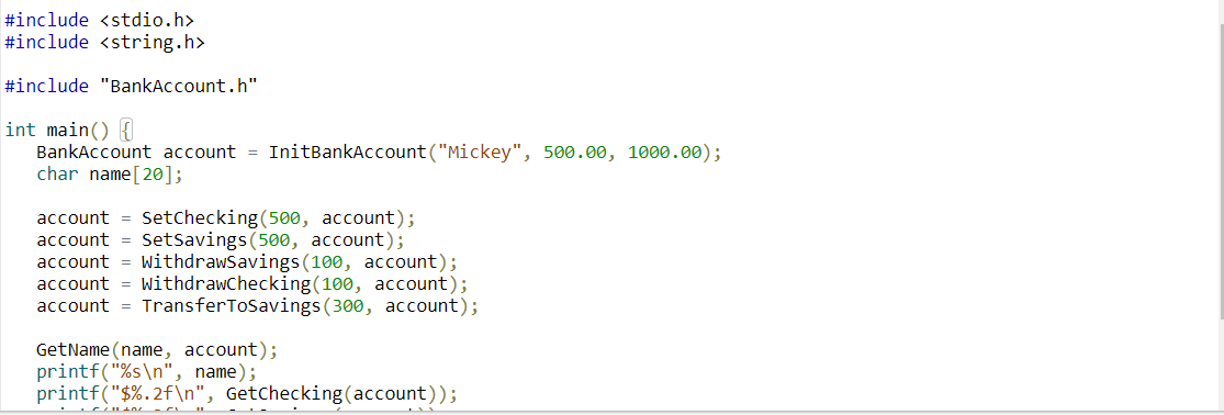 Solved Given main(), build a struct called BankAccount that | Chegg.com