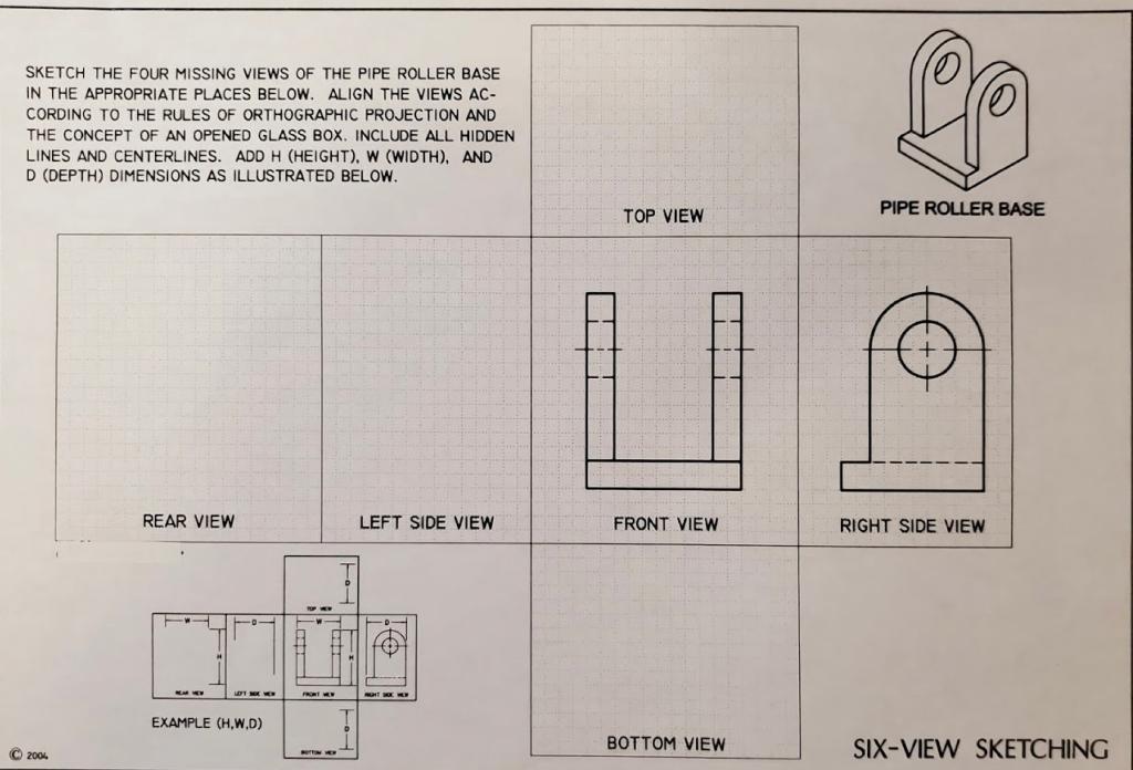 Solved SKETCH THE FOUR MISSING VIEWS OF THE PIPE ROLLER BASE | Chegg.com
