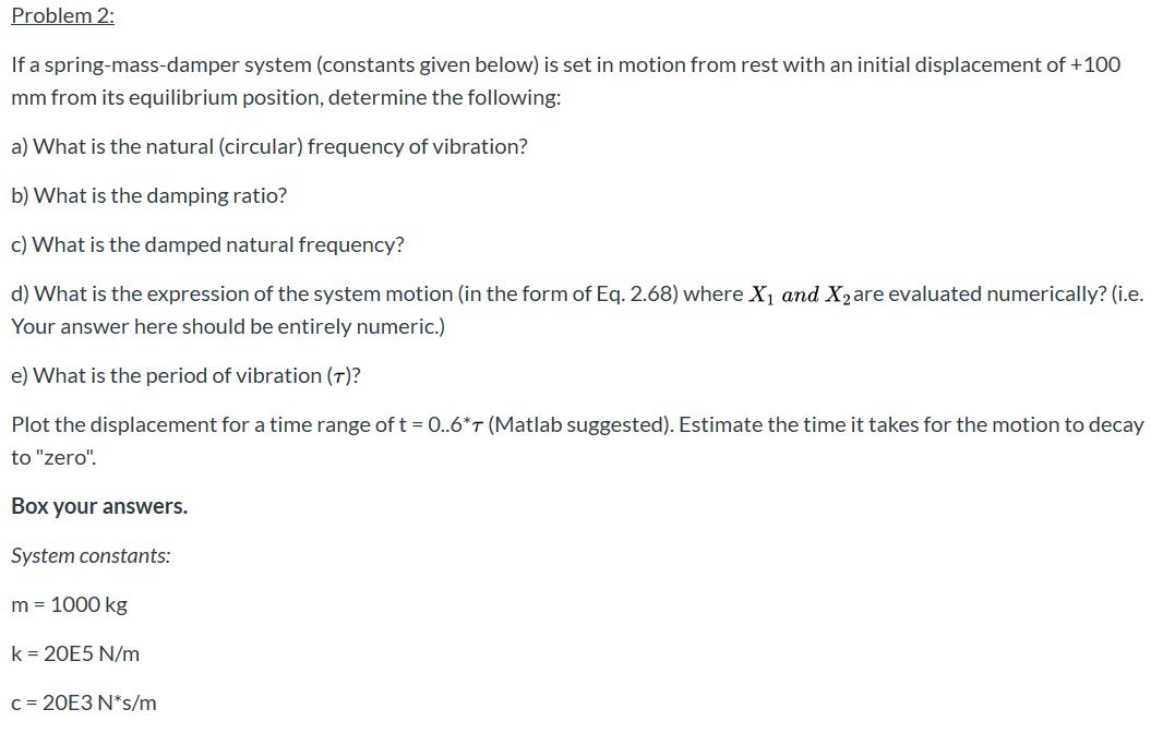 Solved Problem 2: If a spring-mass-damper system (constants | Chegg.com