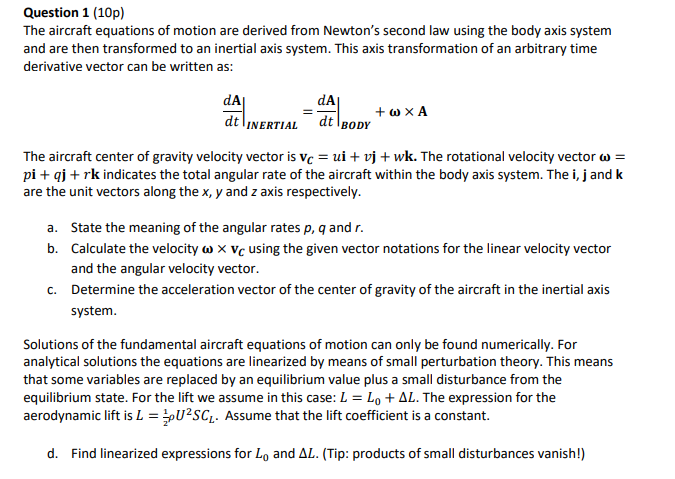 Solved Question 1 (10p) The aircraft equations of motion are | Chegg.com