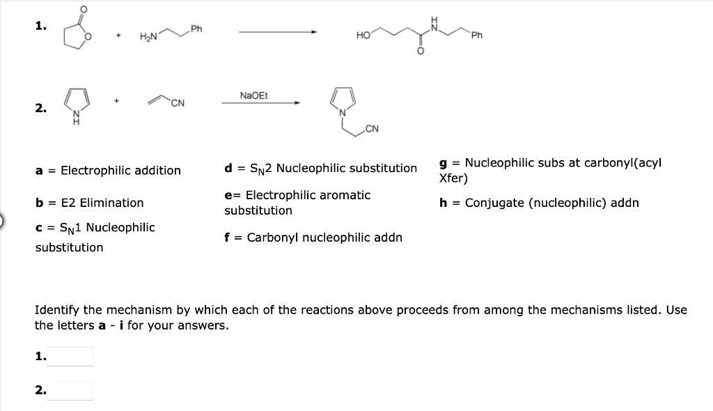 Solved 1. +H2 NPPh 2. a= Electrophilic addition d=SN2 | Chegg.com