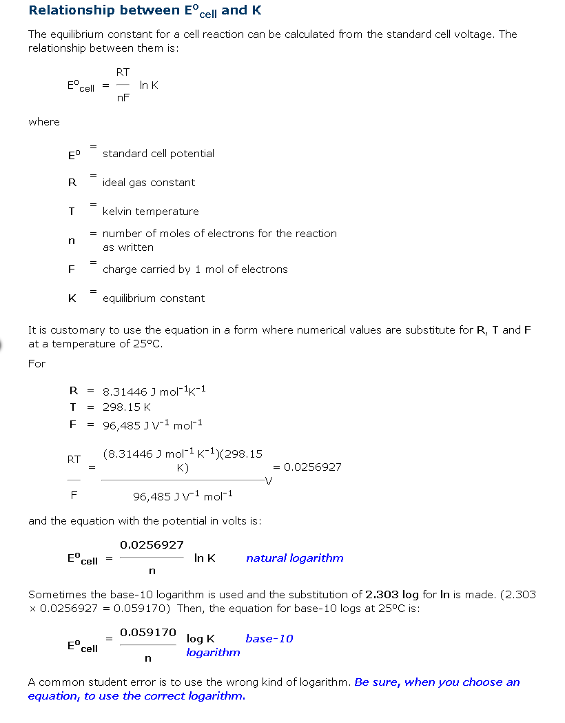Solved Relationship between E∘ cell and K The equilibrium | Chegg.com