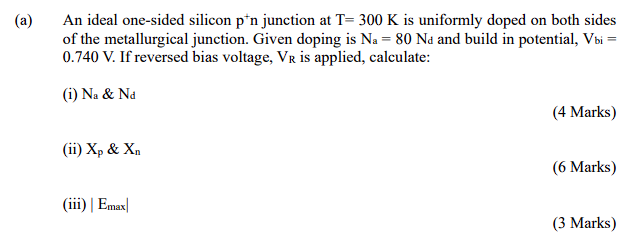 Solved a) An ideal one-sided silicon p+n junction at T=300 K | Chegg.com