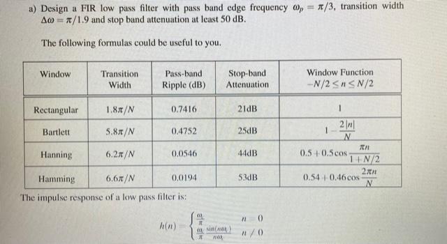 a) Design a FIR low pass filter with pass band edge | Chegg.com