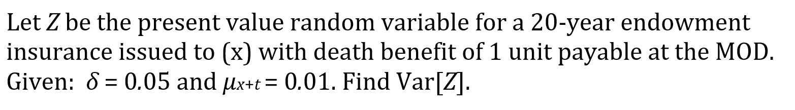 Solved Let Z be the present value random variable for a | Chegg.com